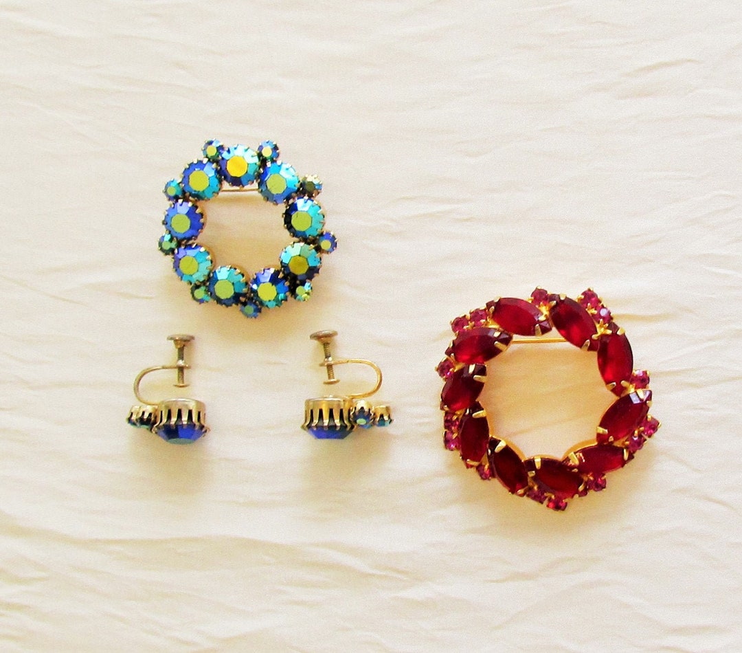 Vintage Circle Pins, Red Rhinestone Circle Pin and AB Blue Rhinestone ...