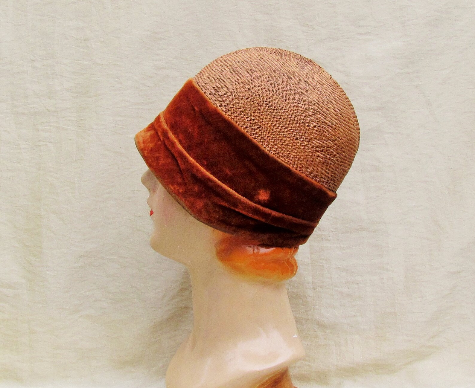1920's Straw Cloche With Velvet Trim, Brown Finely Woven Straw Hat With ...