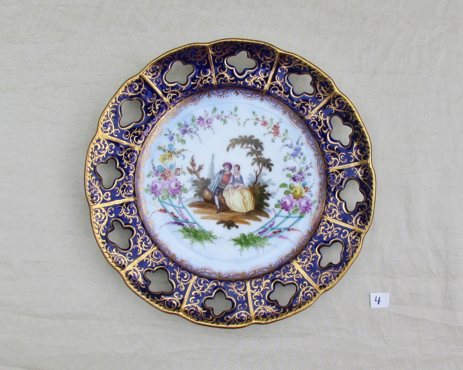 Antique Hand Painted China Plate With Courting Scene, Ornate Cobalt ...