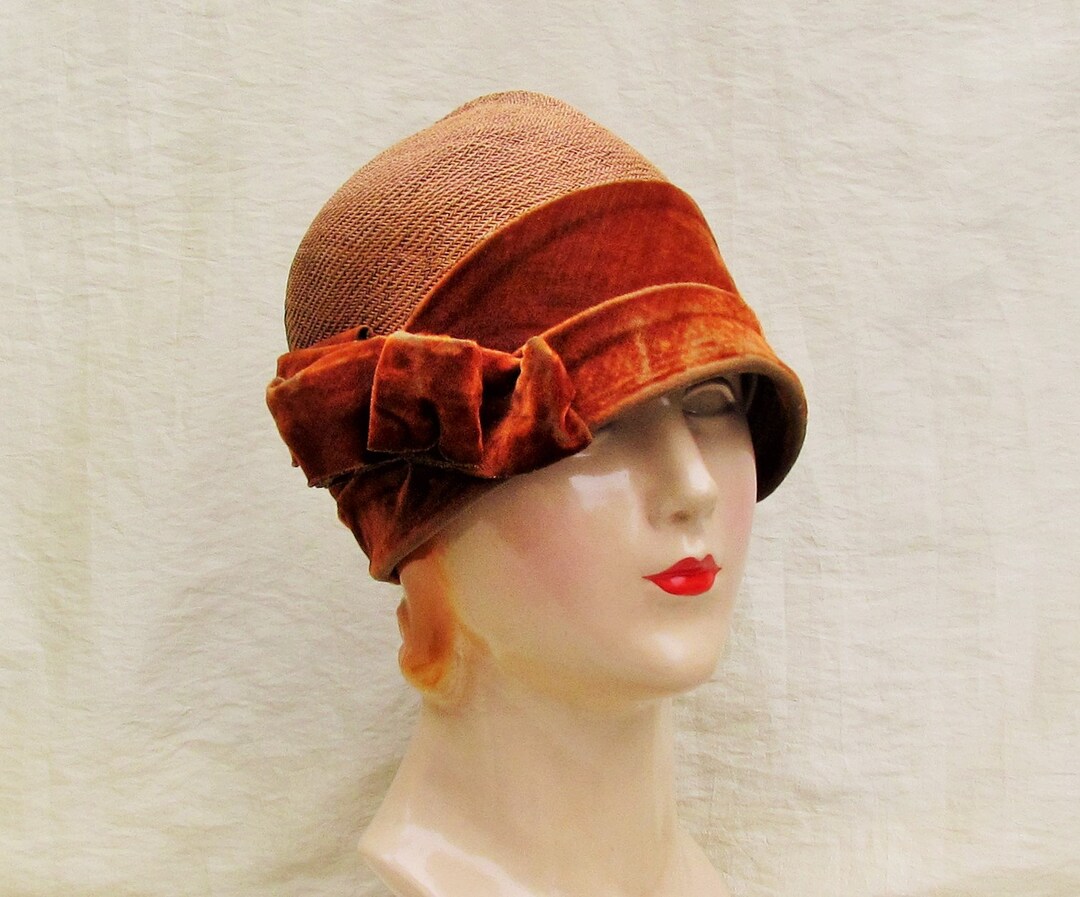 1920's Straw Cloche With Velvet Trim, Brown Finely Woven Straw Hat With ...