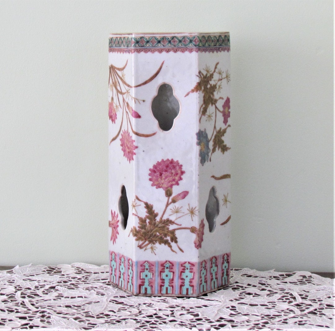 Chinese Hat Stand/cap Vase, Hand Painted Hexagonal Vase With Cut Outs ...