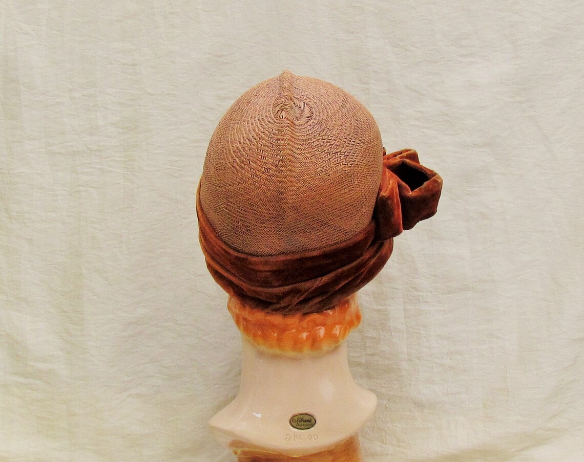 1920's Straw Cloche With Velvet Trim, Brown Finely Woven Straw Hat With ...