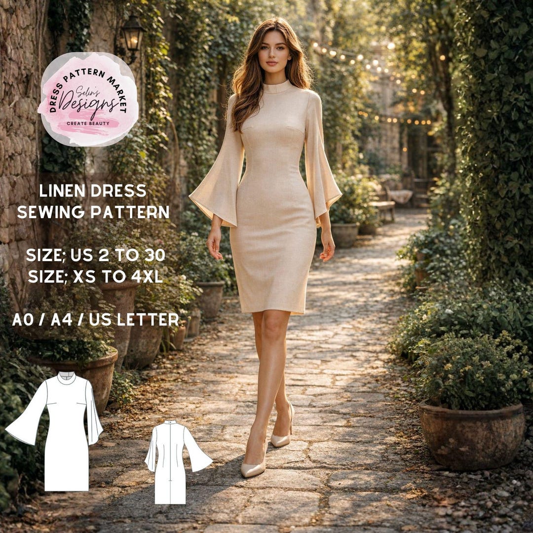 Linen Dress Sewing Pattern, Fitted Midi, Bell Sleeve, High Neck (PDF ...