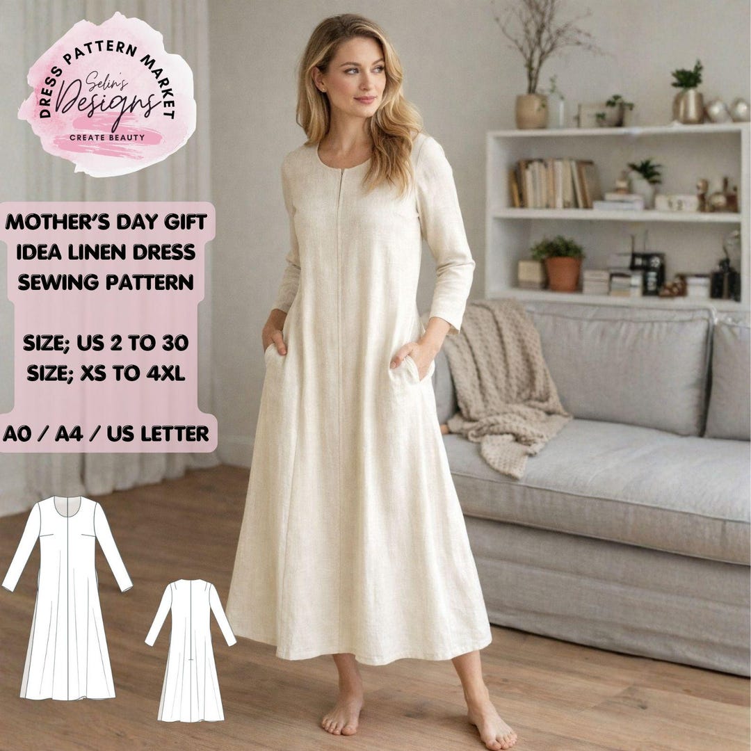 Linen Midi Dress Sewing Pattern, A-line Long Sleeve, Pockets (PDF ...