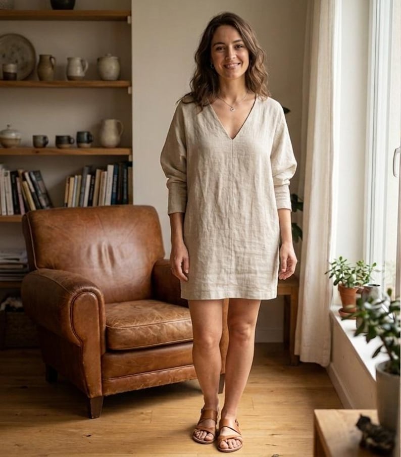 Linen Shift Dress Sewing Pattern, Loose V-neck Tunic, Minimalist Summer ...