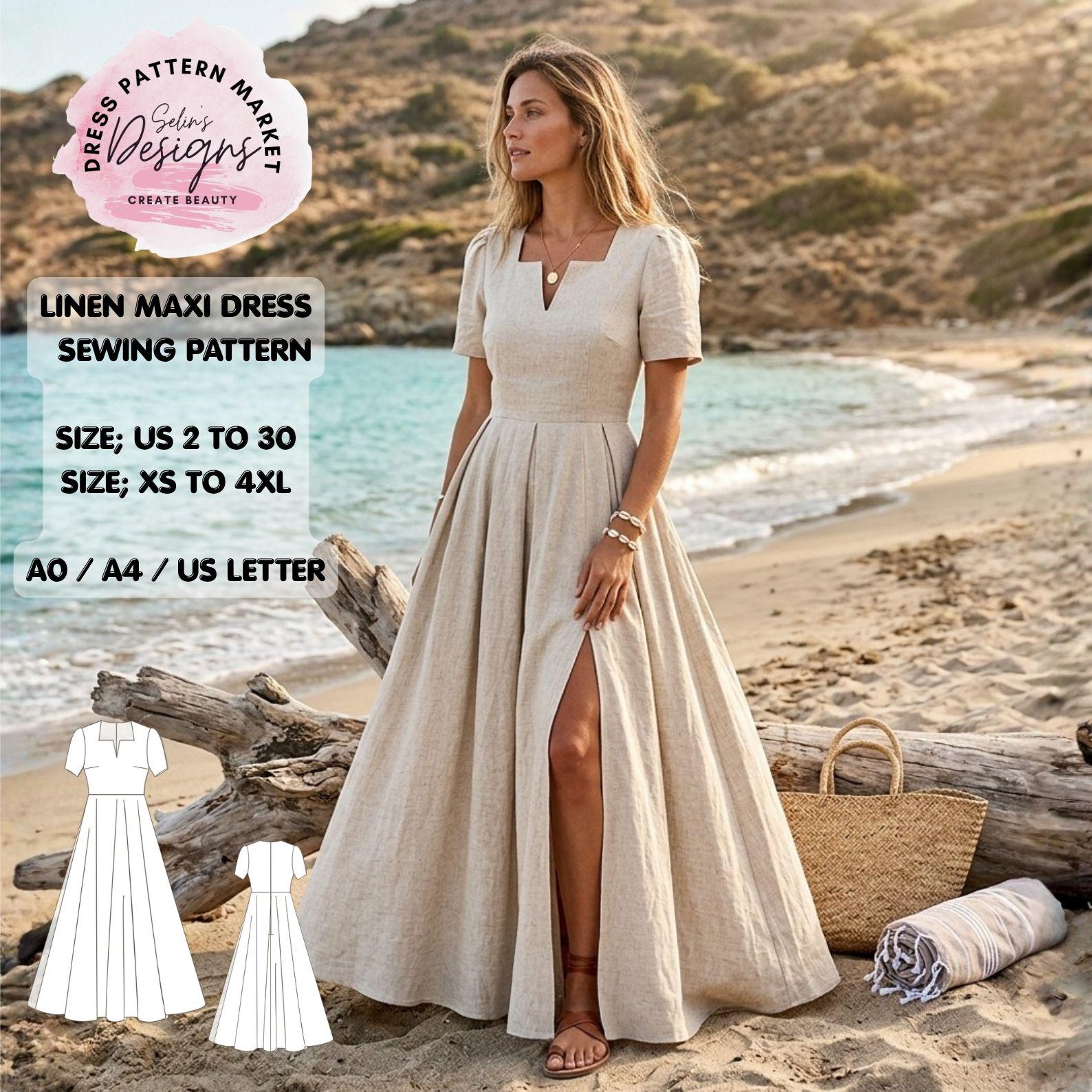 Linen Maxi Dress Sewing Pattern, Boho Square Neck A-line (PDF Download ...