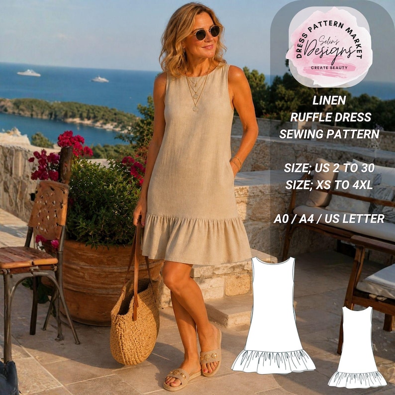 Linen Ruffle Dress Sewing Pattern | Sleeveless A-line Summer Shift (PDF ...