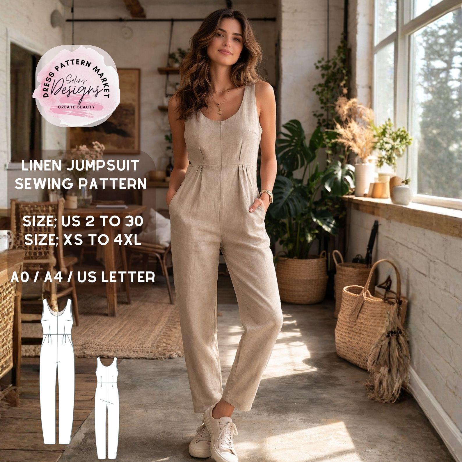 Linen Jumpsuit Sewing Pattern, Sleeveless Romper, Wide Size Range (US 2 ...
