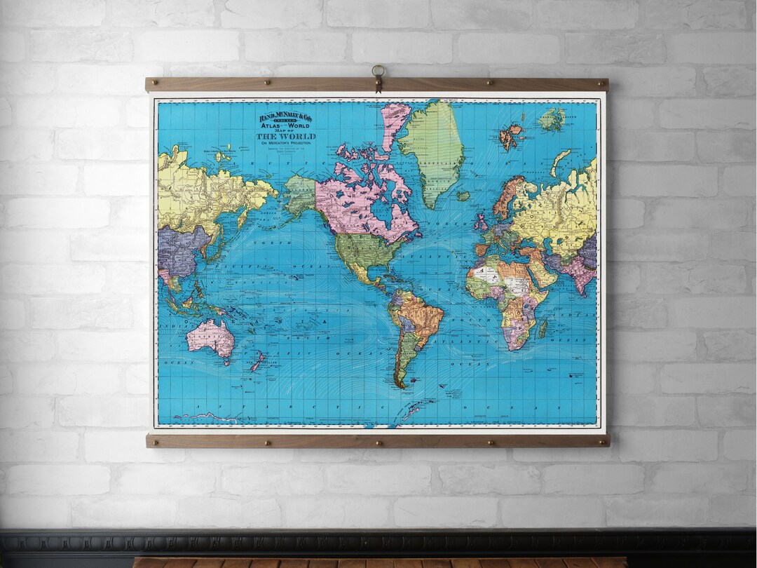 World Map 1897 Wall Hanging Tapestry, Canvas Print, Wood Poster Hanger ...