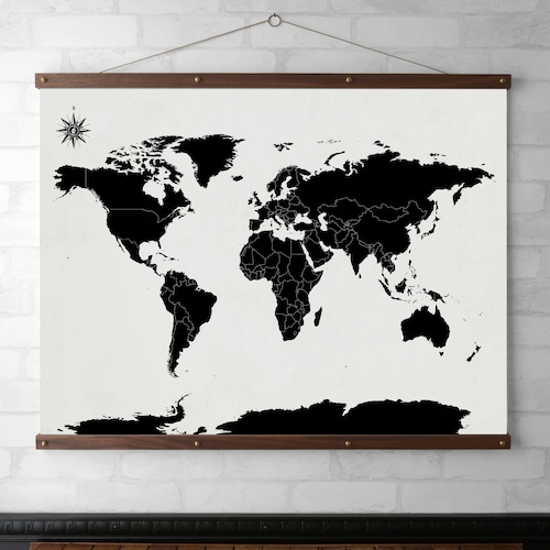 Black and White World Map With Wood Magnetic Poster Hanger - Etsy