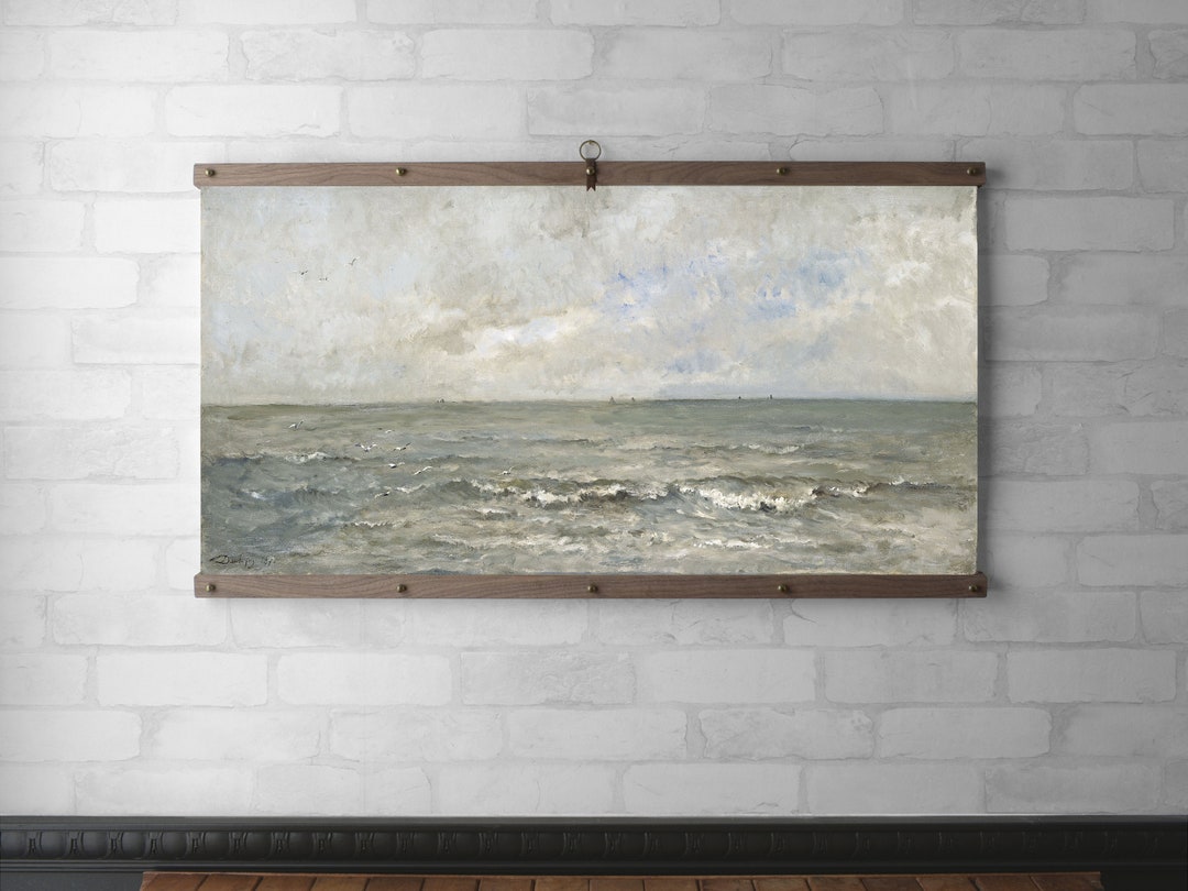Seascape Tapestry Wall Hanging Canvas Print Wood Poster Hanger Walnut ...