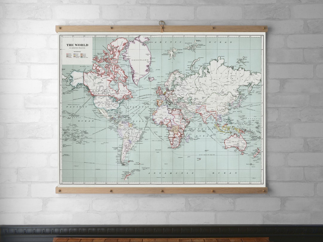 Wall Art World Map 1915 Wall Hanging, Wood Poster Hanger, Canvas Print ...