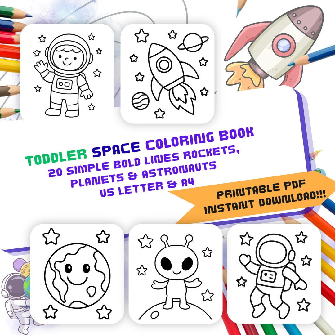Toddler Space Coloring Book – Simple Bold Lines Rockets, Planets ...