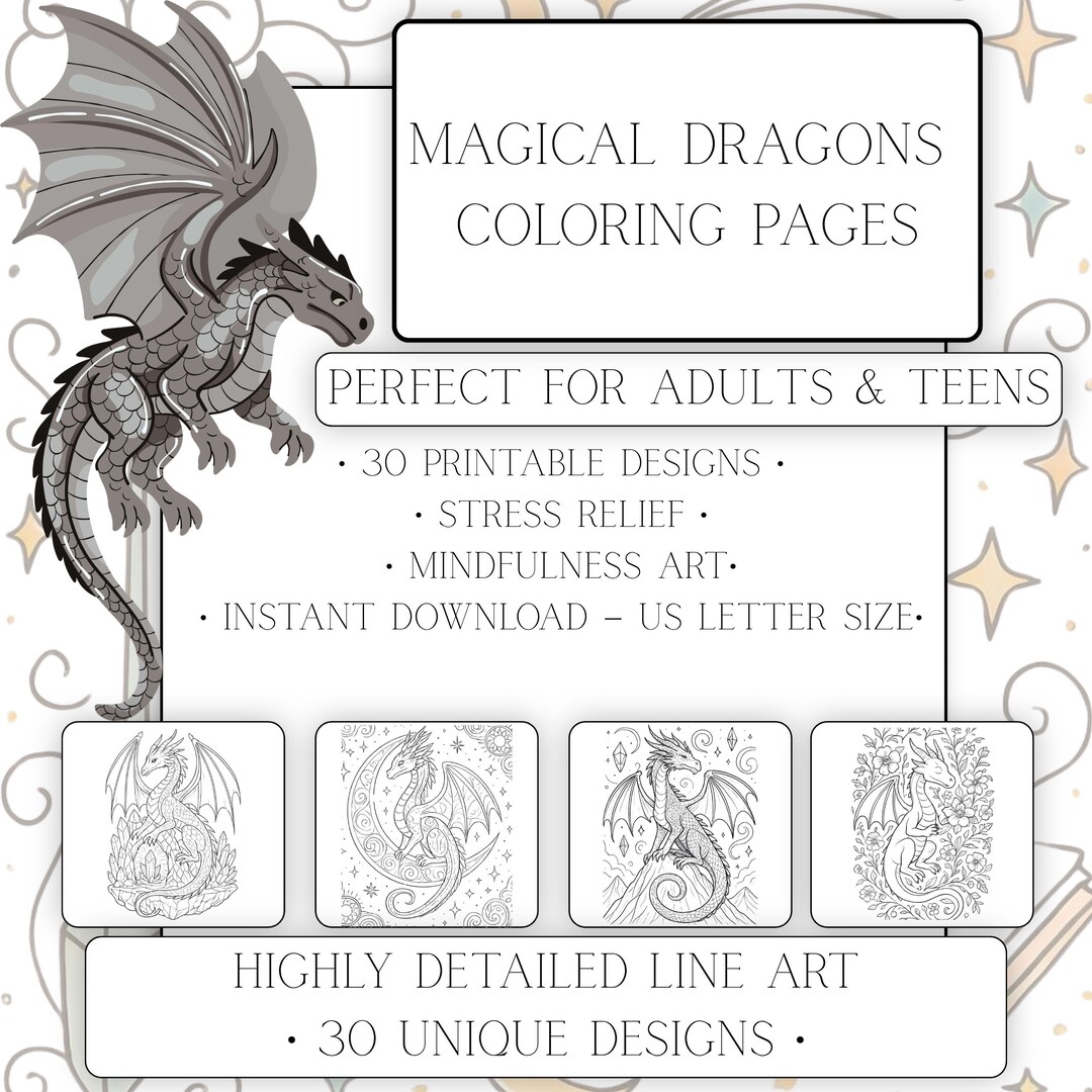 Magical Dragons Coloring Pages 30 Printable Designs, Stress Relief ...