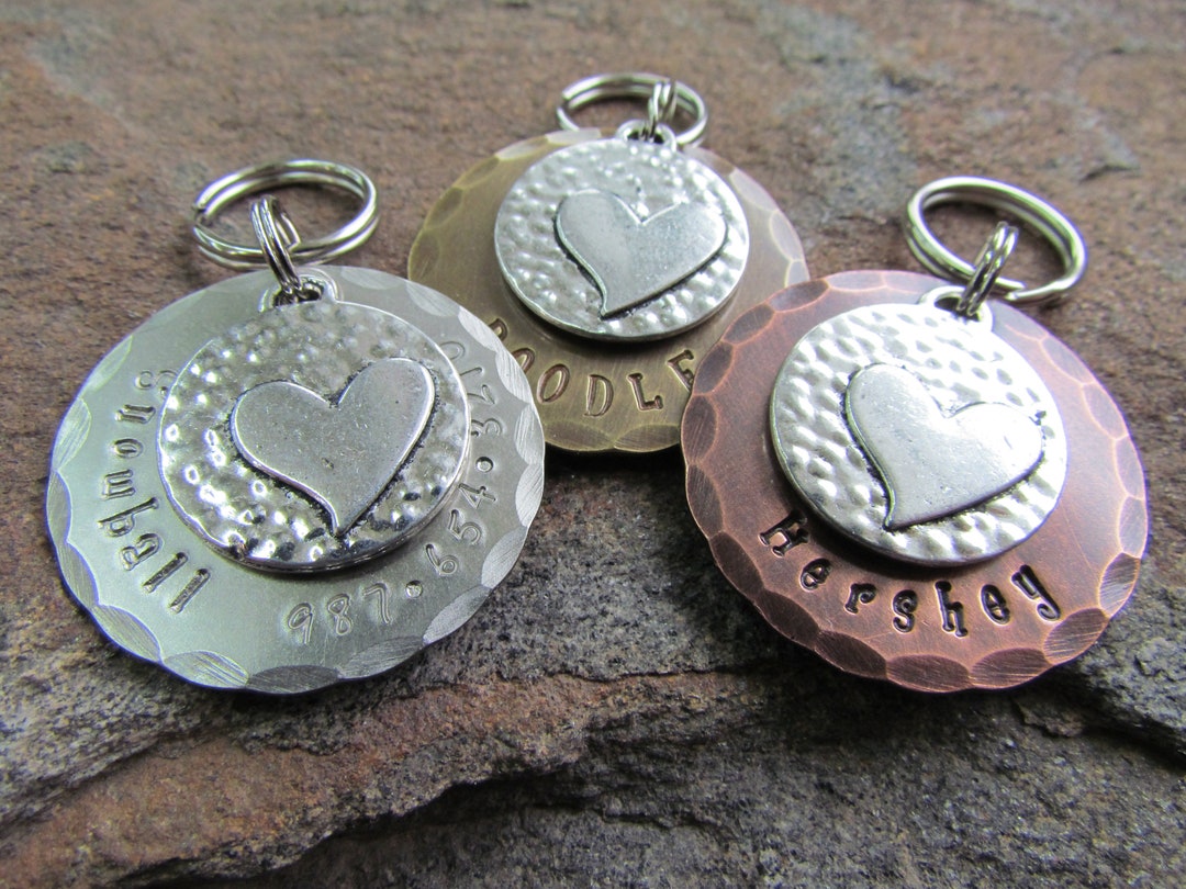 Dog Tag With Heart Charm - Hand Stamped Pet ID Tag - Pet Tag - Dog ...