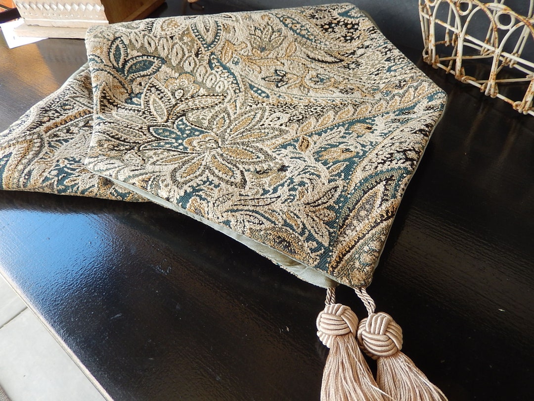 Brown Blue Table Runner - Victorian Design Table Runner - Tasseled ...