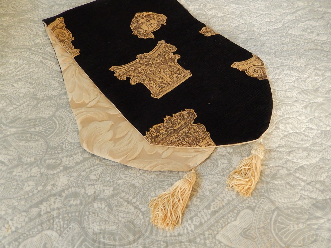 Formal Table Runner - Black & Gold Table Runner - Tasseled Table Runner ...