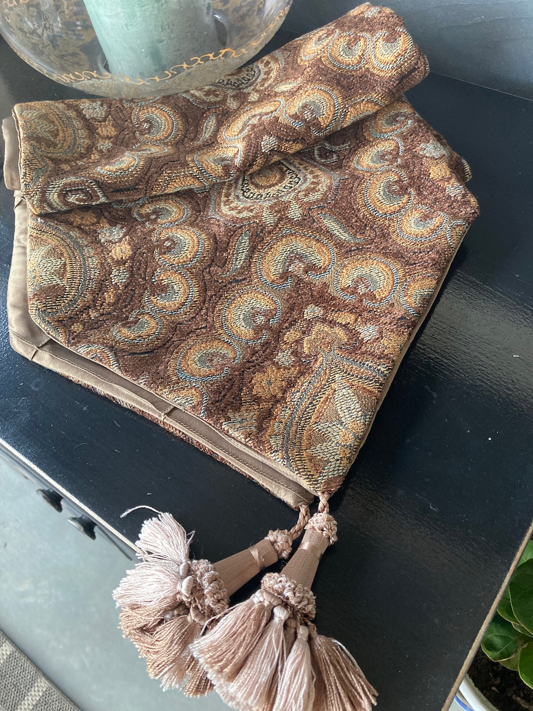 Brown Blue Table Runner - Victorian Design Table Runner - Tasseled ...