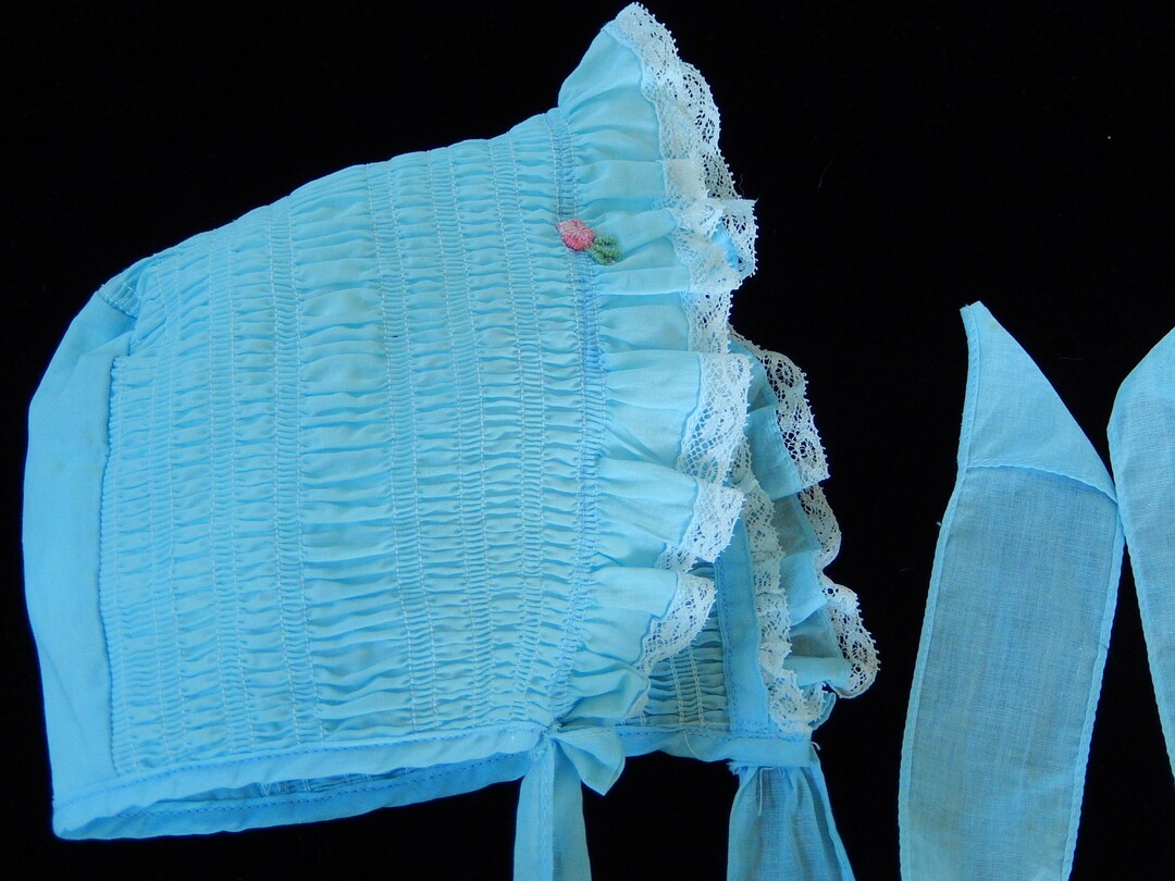 Baby Bonnet Vintage - Girls Blue Baby Bonnet - Gathered Ruffled Blue ...