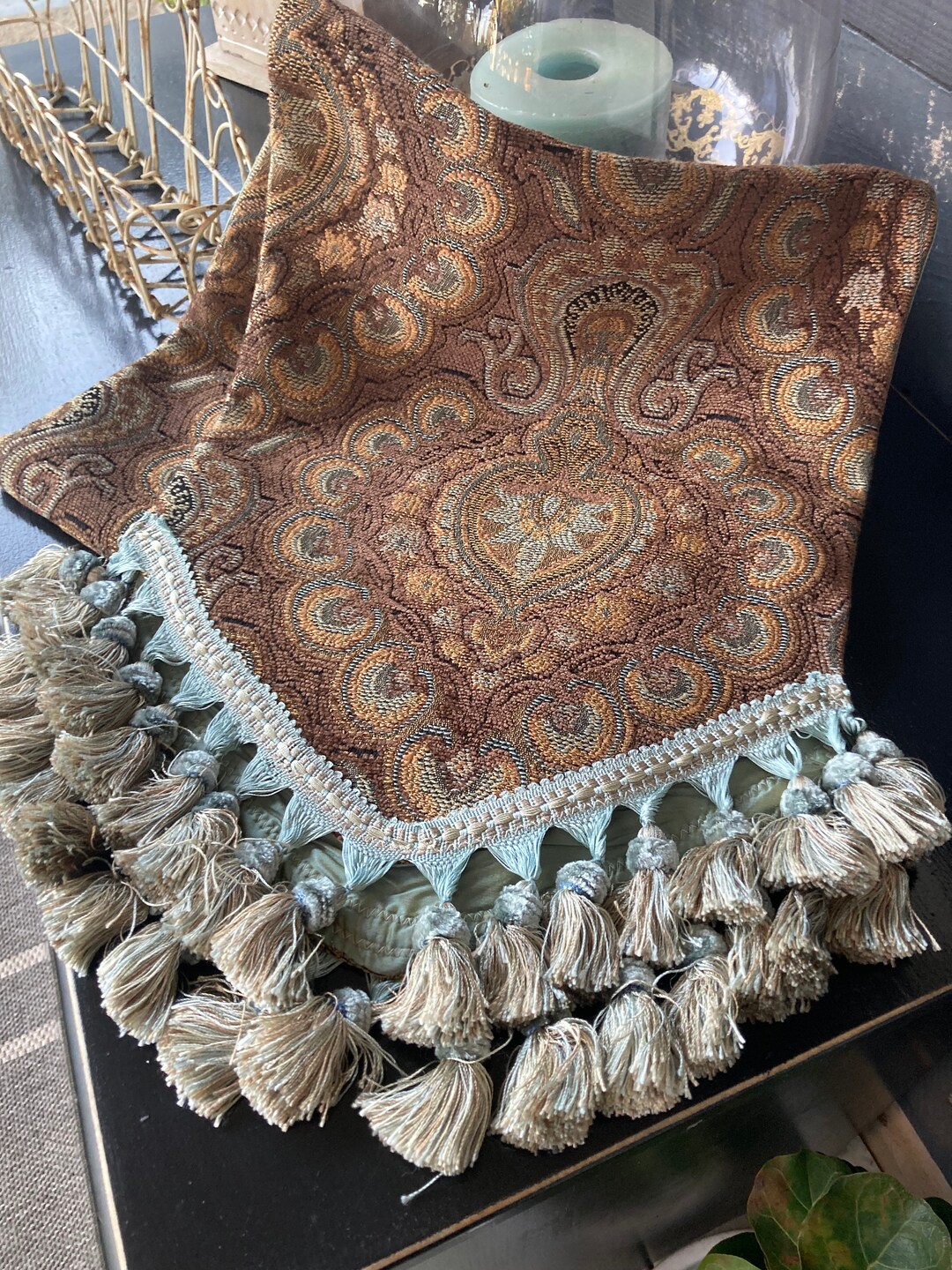 Brown Blue Table Runner Victorian Design Table Runner Tasseled Table ...