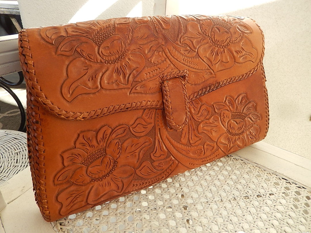 Hand Tooled Leather Clutch - Vintage Large Hand Tooled Leather Purse ...