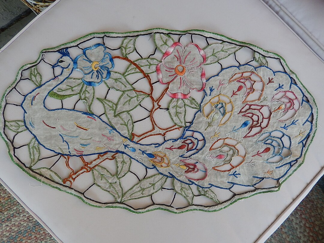 Vintage Cutwork Peacock Doily Hand Embroidered Peacock Doily Large Oval ...