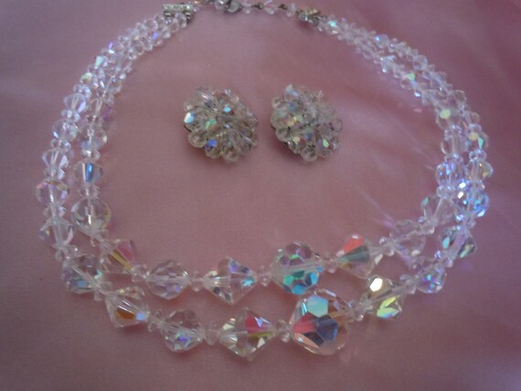 Vintage Crystal Necklace - 3 Piece Necklace & Earring… - Gem