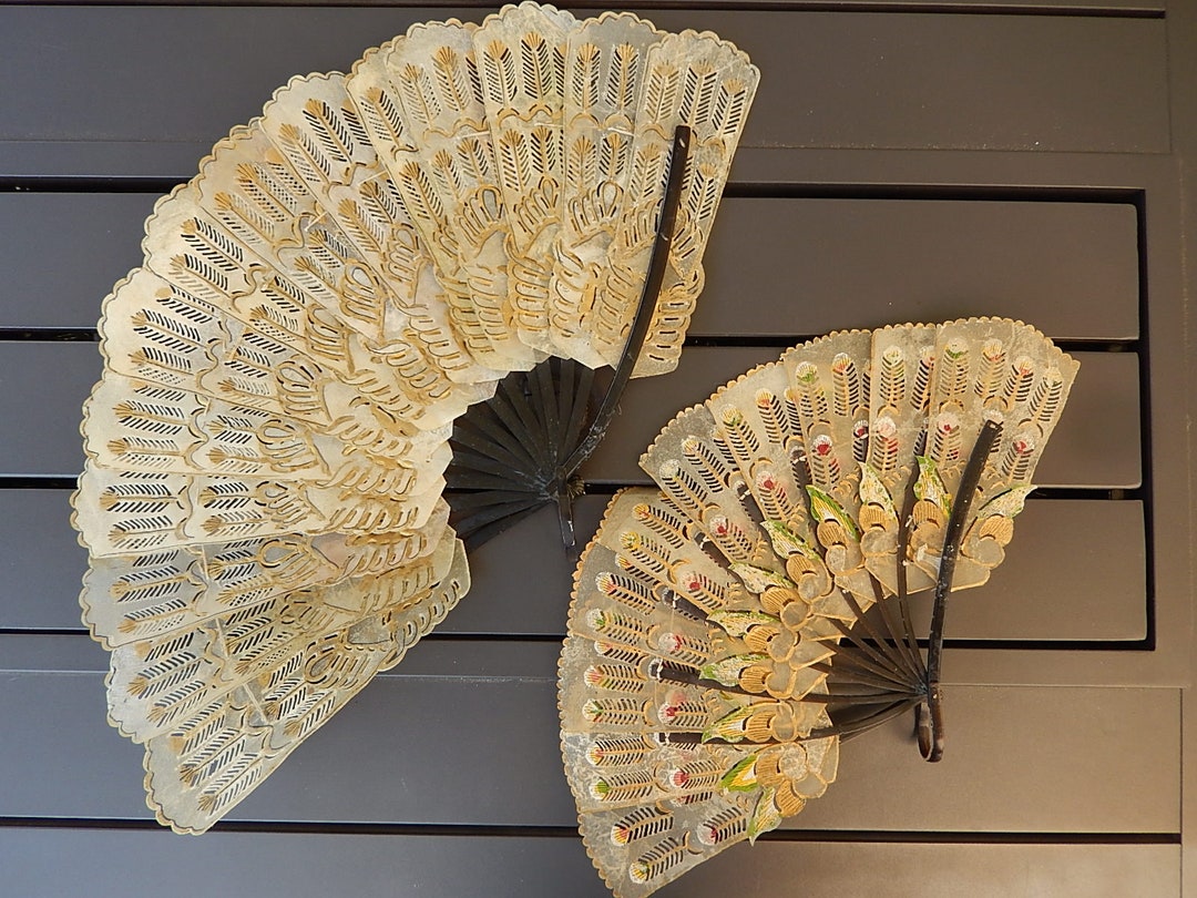 Dutch Indonesian Hand Fan - Wayang Folding Fan - Vintage Pierced Vellum ...