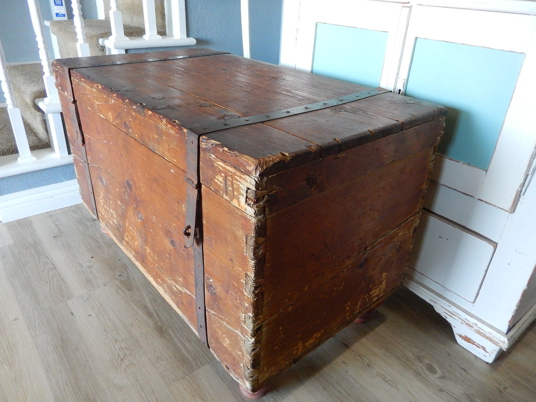 Antique Wood Trunk - 200 Year Old Flat Top Trunk - Primitive Rustic ...