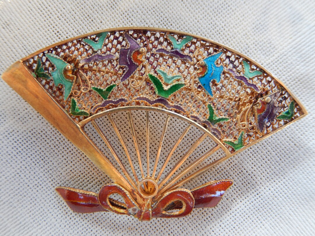 Vintage Fan Design Brooch - Swimming Fish Broach - Enamel Work on ...
