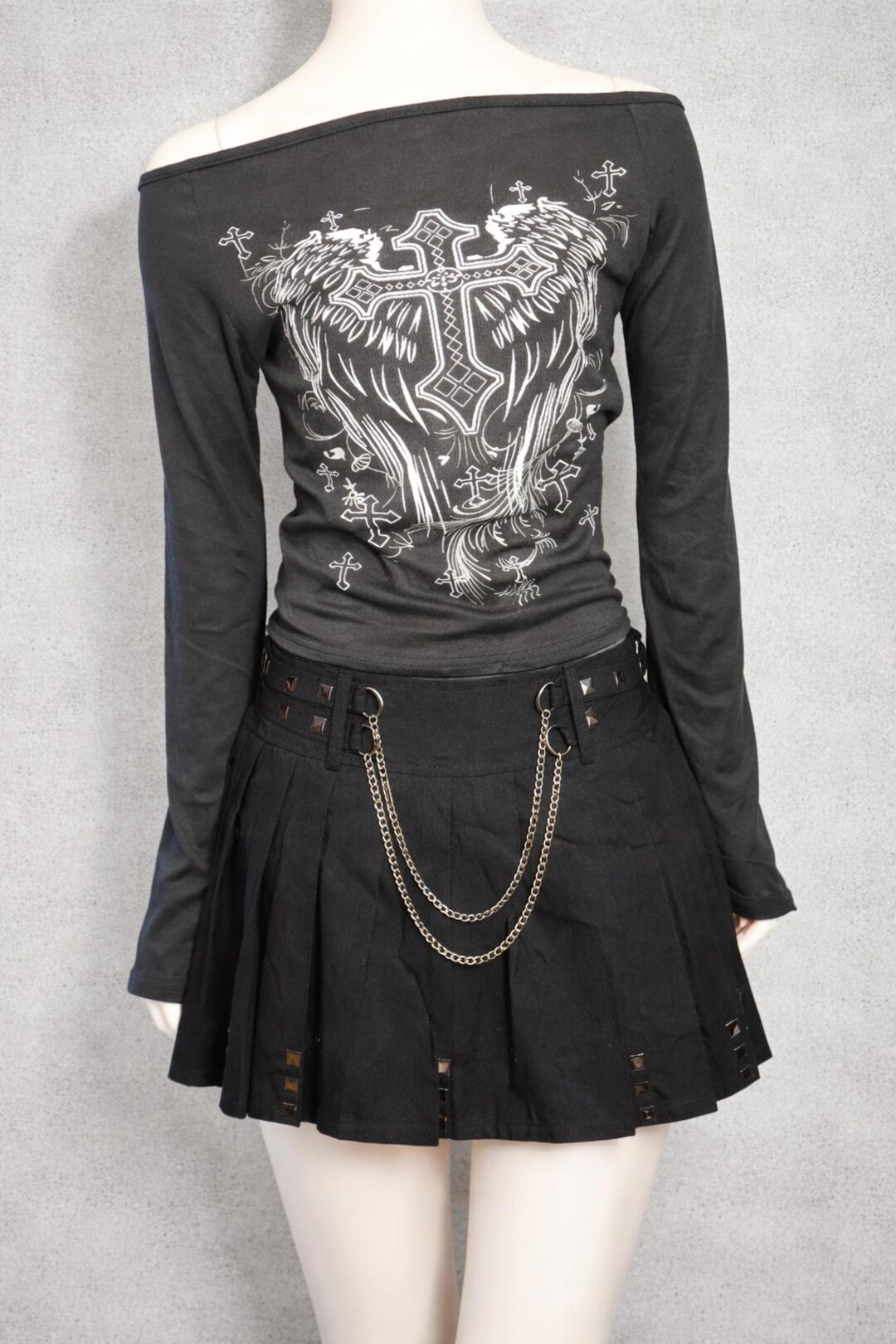 Black Goth off Shoulder Top: Angel Cross Print Alt Y2K Grunge Shirt - Etsy