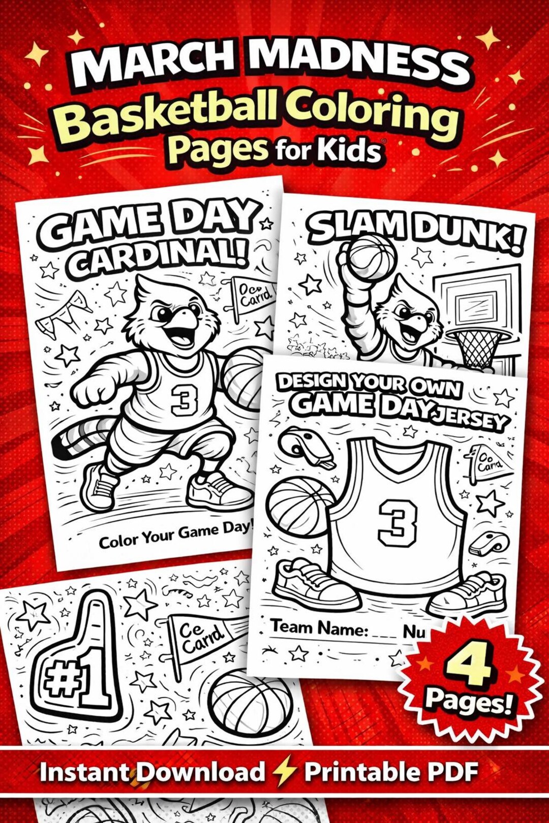 Cardinal Basketball Coloring Pages | March Madness Kids Activity (PDF ...