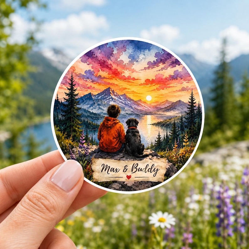 Personalized Hiking With Pet Sticker, Custom Girl and Pet Name Mountain ...