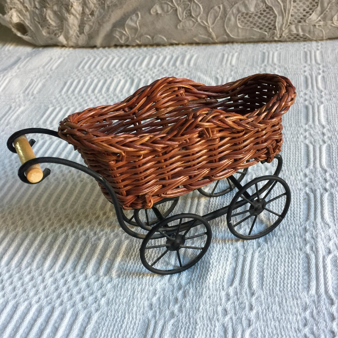 Vintage Mini Wicker Baby Carriage for Doll House. Cast Iron Wheels and ...