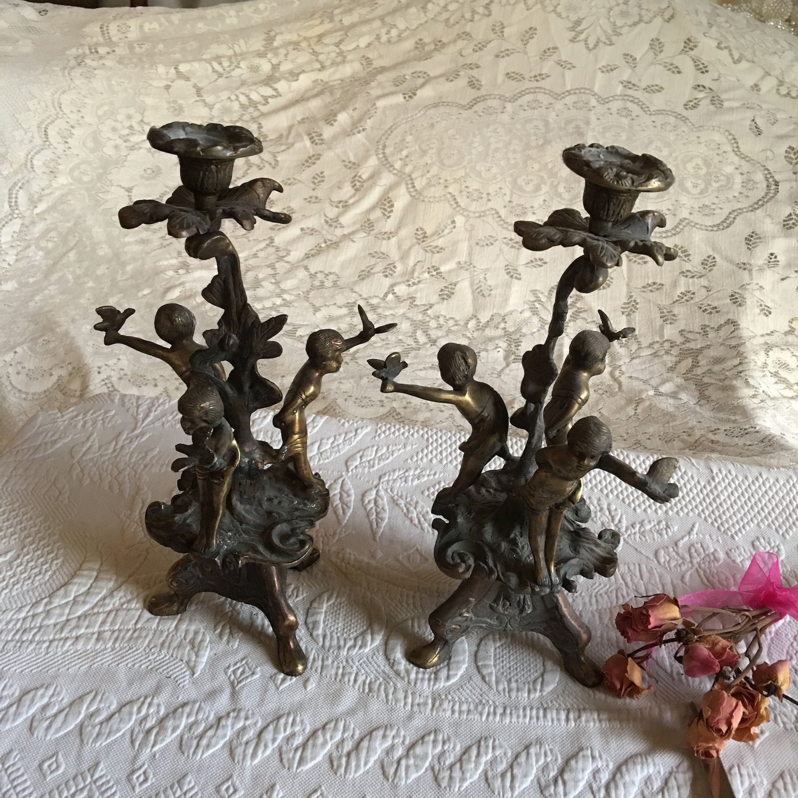 Antique Bronze Candlestick Holders With Three Boys Holding - Etsy