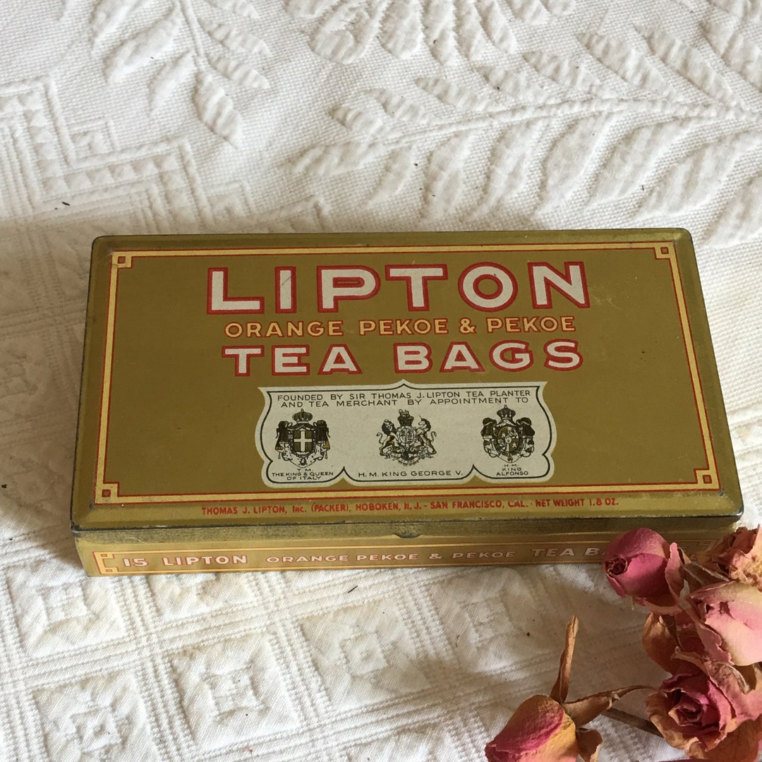 Vintage 1930s Lipton Tea Bags Tin. Orange Pekoe & Pekoe Gold and Red ...