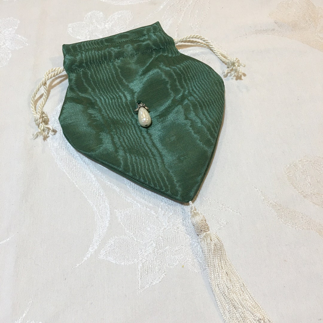 Handmade Reticule, Green Moire and Silk Reticule Purse. Creamy White or ...