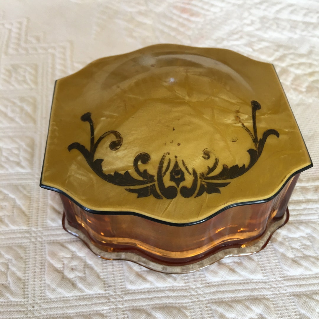 Vintage Celluloid and Glass Dresser Box. Marbleized Celluloid Domed Lid ...