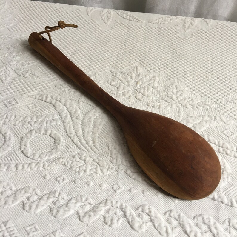 Vintage Wooden Bowl Spoon With Hole in End of Handle With Leather Strap ...