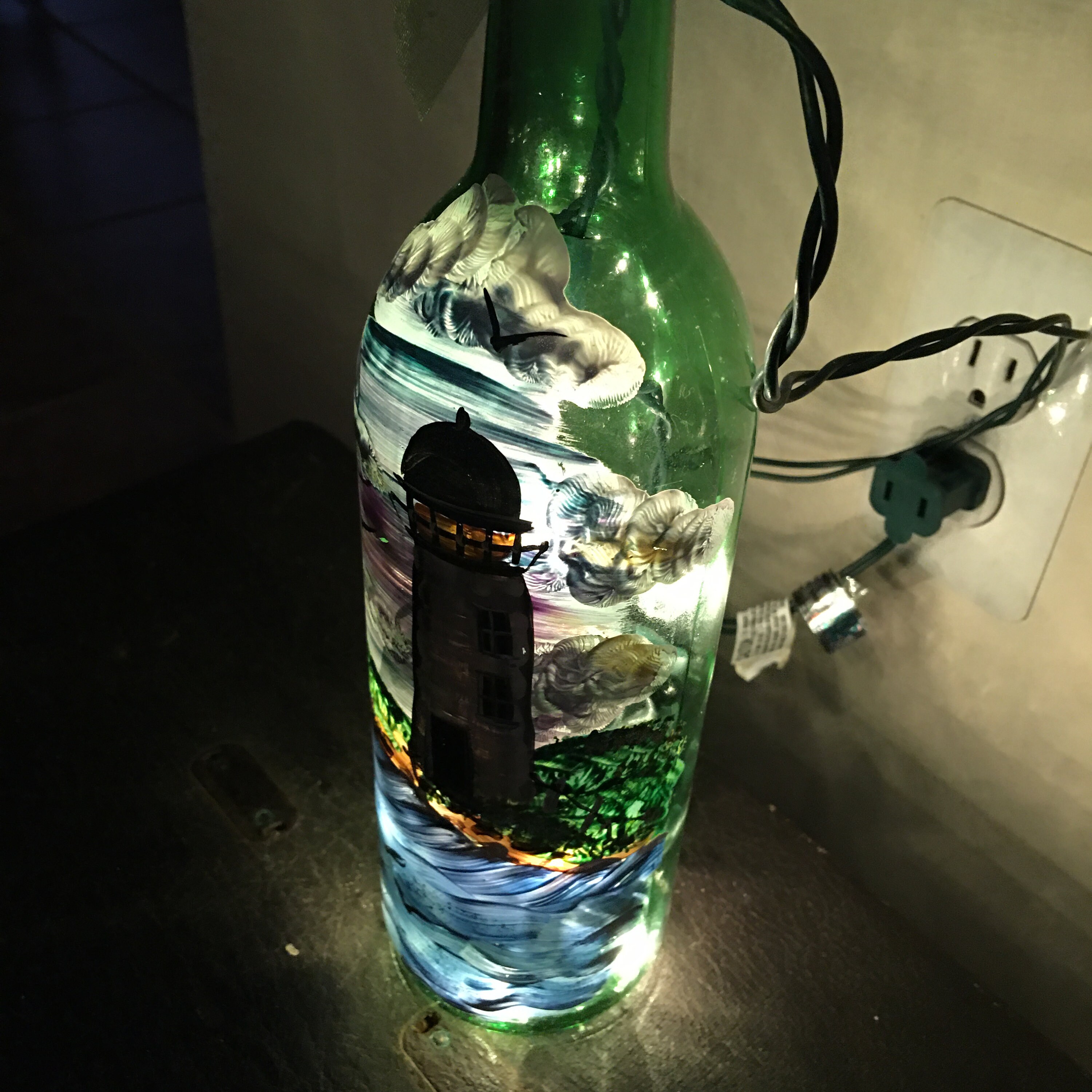 Lighthouse Hand Painted Wine Bottle With Lights Inside. Green - Etsy