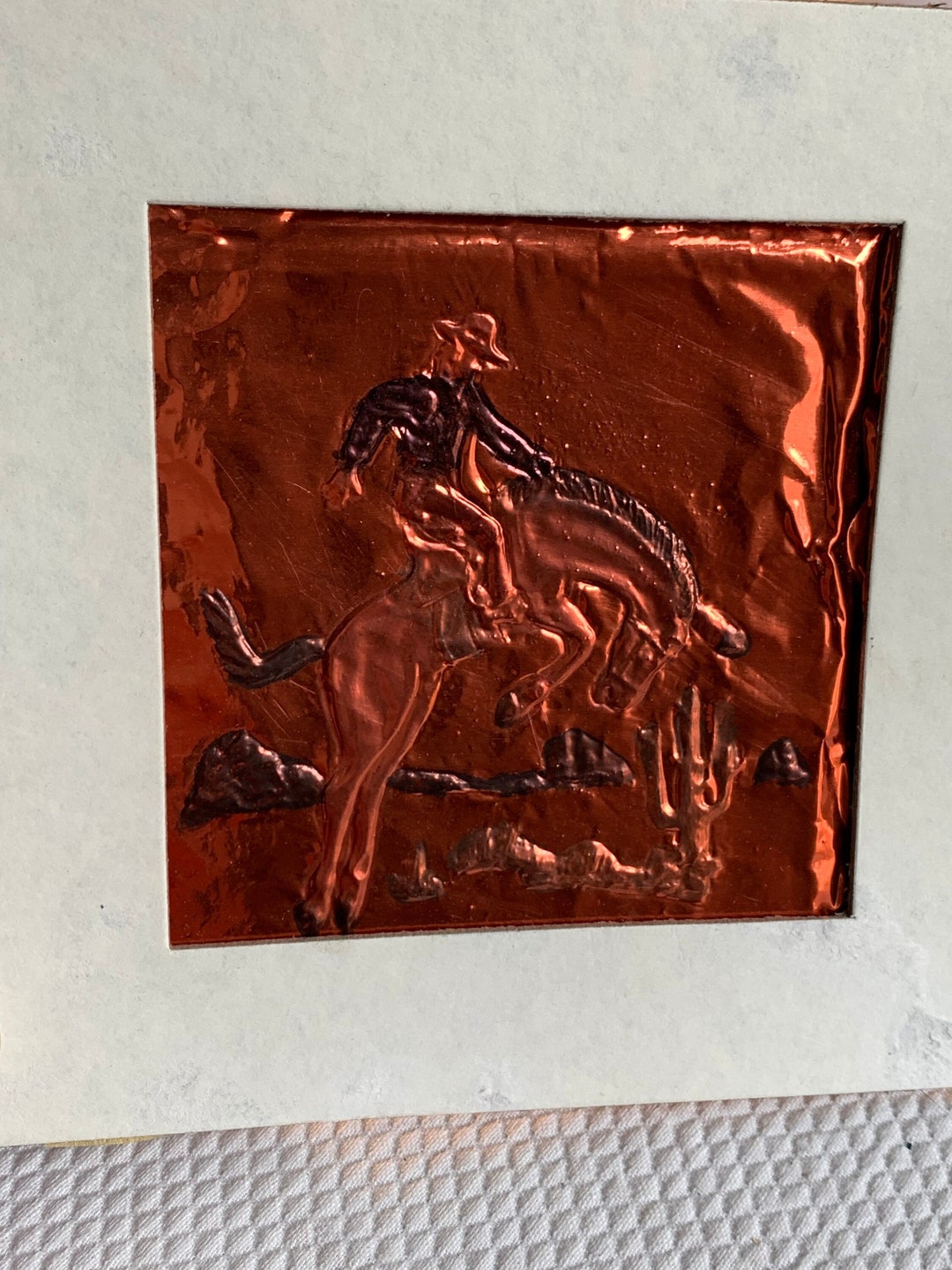 Vintage Bucking Bronco and Cowboy Embossed Copper Picture. Copper ...