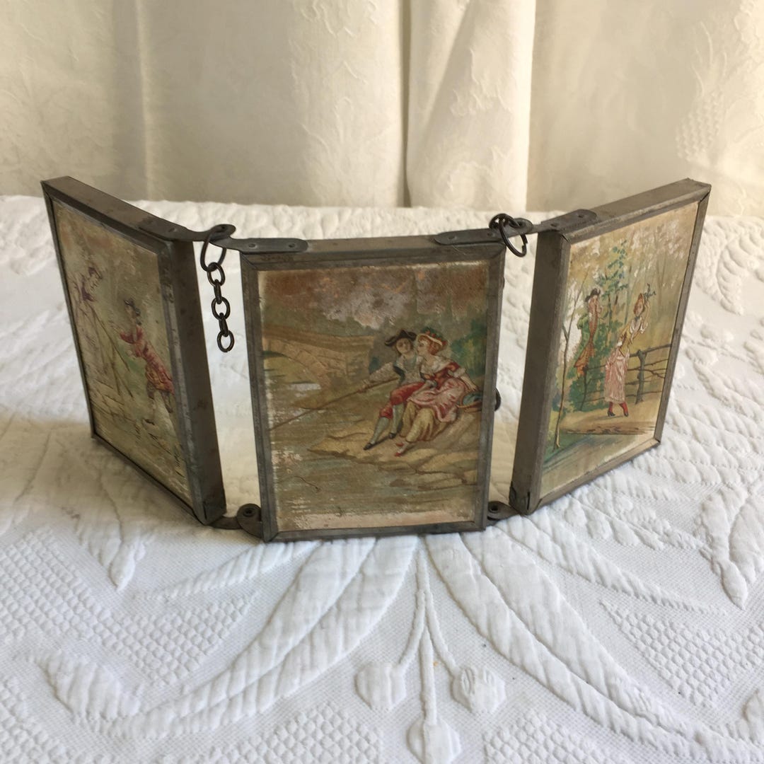 Vintage Folding Small Mirror. Three Metal Attached Frames With Romantic ...