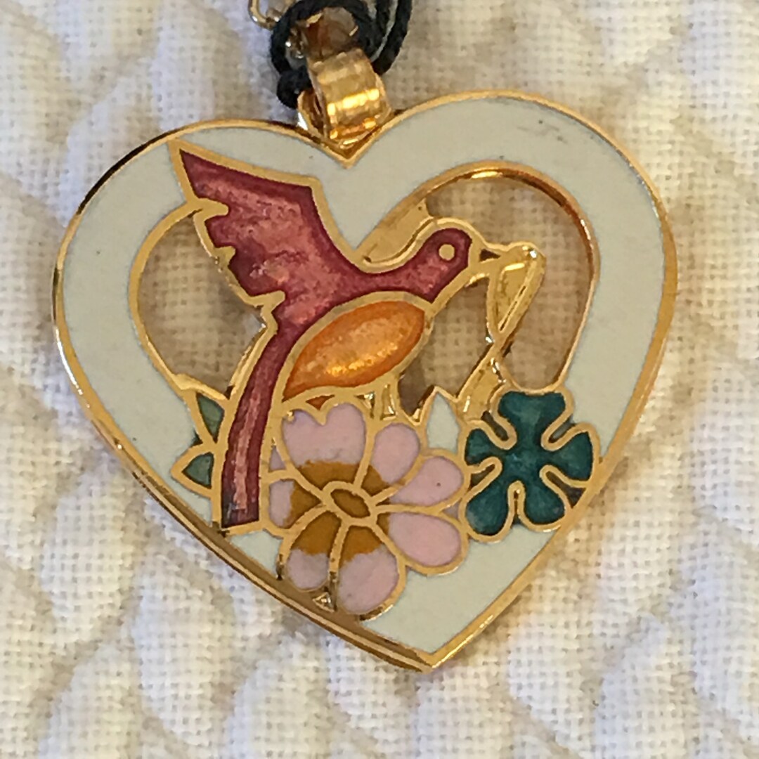 Vintage Cloisonne Hummingbird and Flowers Inside of White Heart Pendent ...