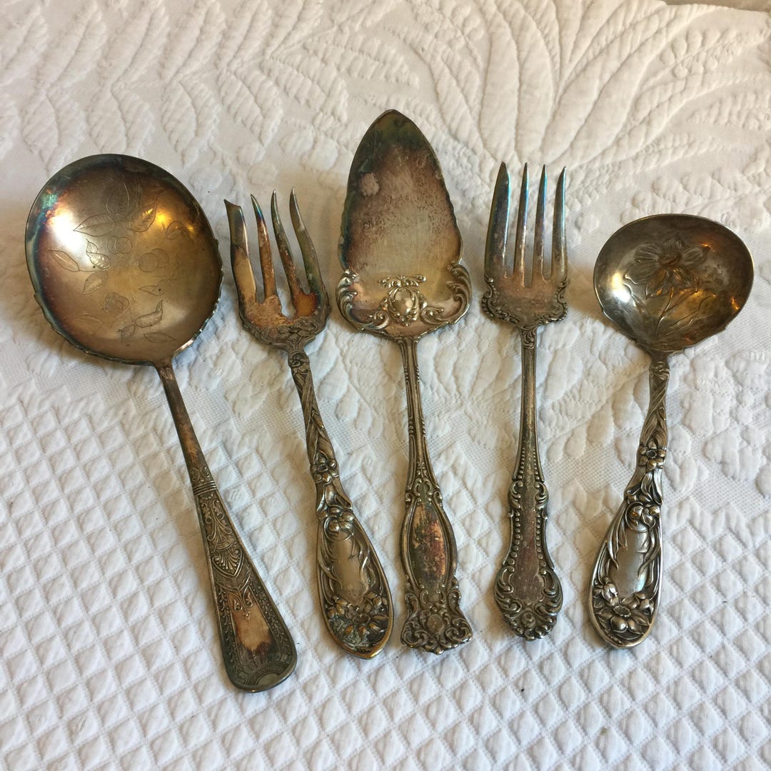 Antique Serving Spoons, Dipper and Forks in Silver Plate. Fancy Designs ...