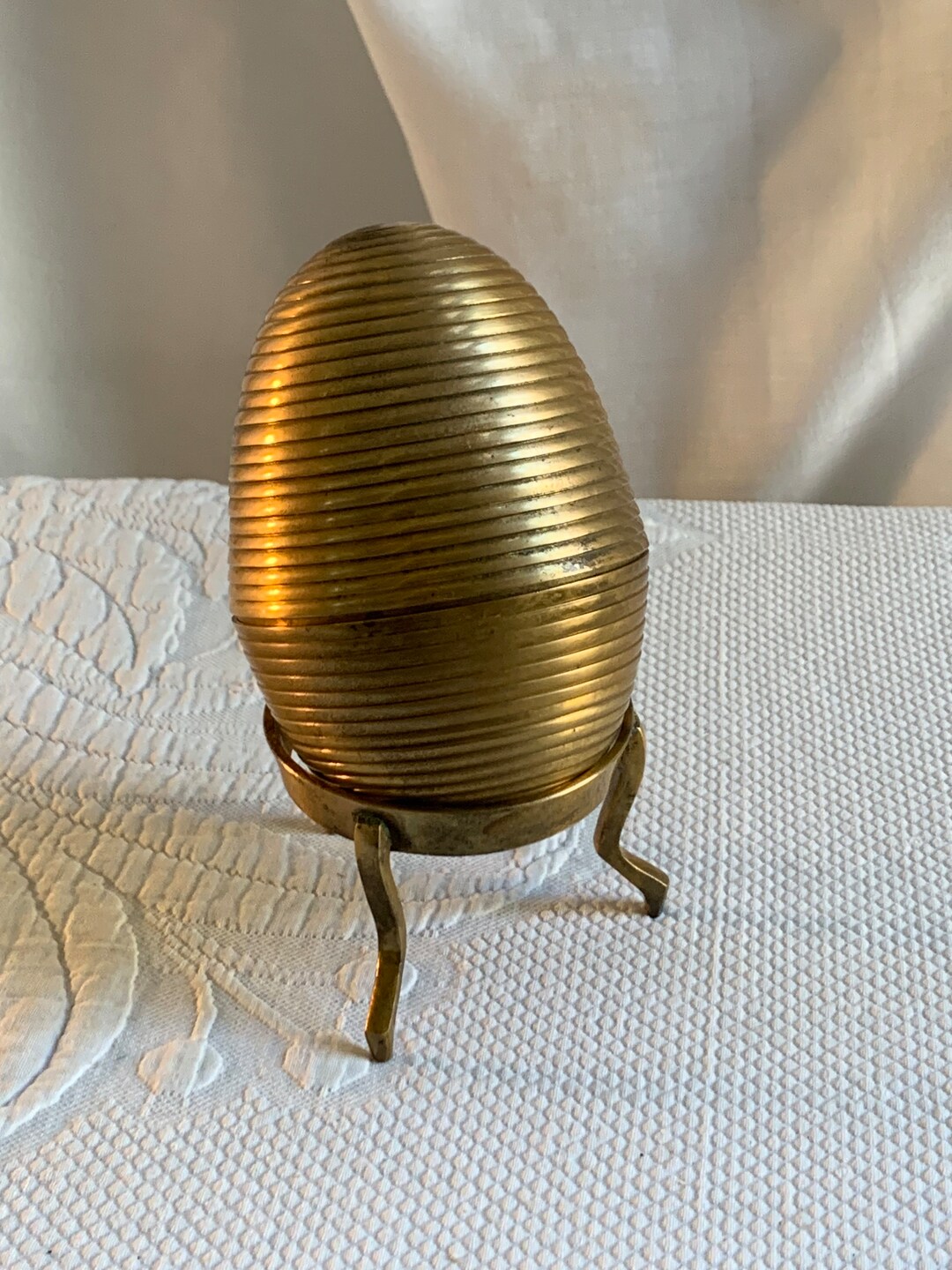Vintage Brass Egg and Brass Egg Stand. Ridged Two Piece Egg Box and ...