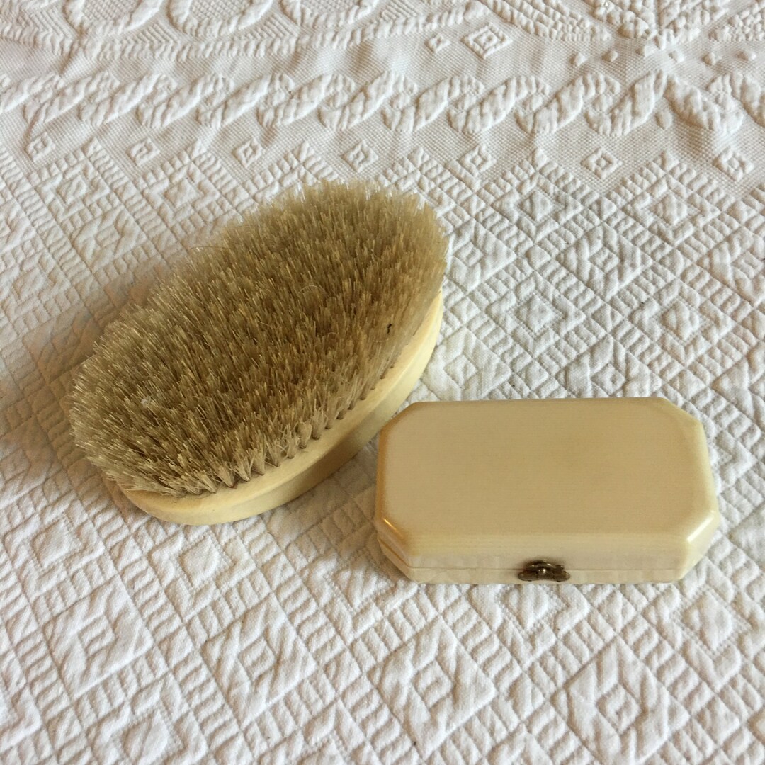 Antique Celluloid Sewing Case and Clothing Brush. FWR Monogram on Brush ...