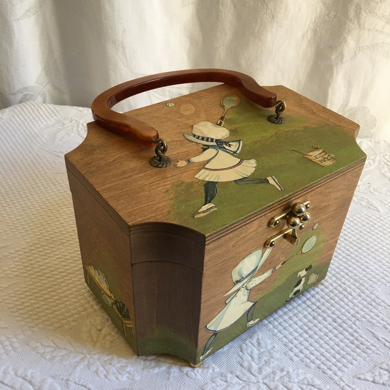Vintage Berjan Tennis Wood Box Purse With Celluloid or Bakelite Handle ...