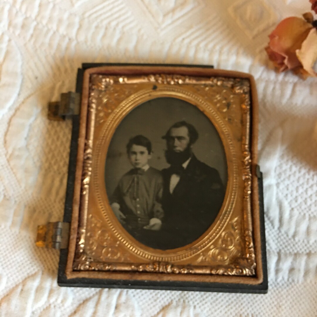Antique Civil War Era Tin Type of Father and Son. Wonderful Etched and ...