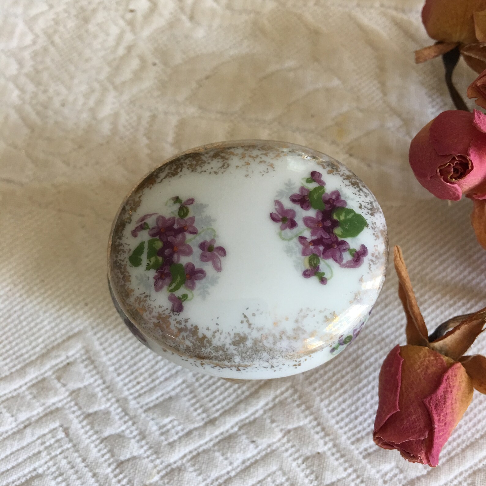 Vintage Porcelain Trinket Box. Violet Painted Legged Oval Shaped ...