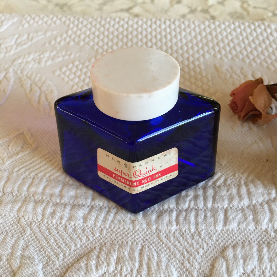 Vintage Cobalt Blue New Parkers Super Quink Permanent Red Ink Jar ...